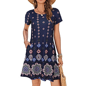 Sherosa Women's Easter Dresses Floral Sun Dresses Summer Casual with Pockets Loose Cotton Dresses(L,Navy Blue Floral)