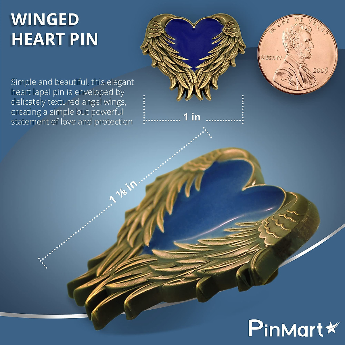 PinMart Heart with Angel Wings Enamel Lapel Pin – Enamel Heart Lapel Pin with Antique Nickel-Plated Angel Wings – Heart Wing Badge with Secure Clutch Back