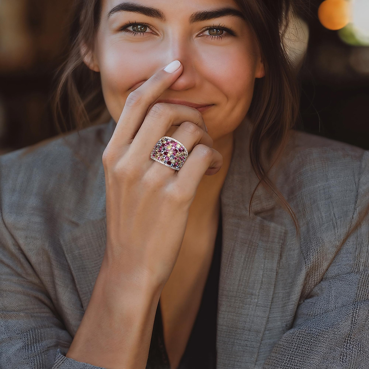 Ross-Simons 4.10 ct. t.w. Multicolored Simulated Sapphire and .20 ct. t.w. CZ Wide Ring in Sterling Silver. Size 9