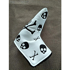 DNYAN Golf PU Leather Blade Putter Cover Skull Bones Headcover with Veclro Fastening for putters All Brands Taylormade Scotty Cameron Titleist Callaway Ping,White