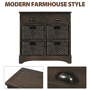 P PURLOVE Storage Cabinet Retro Style Storage Unit with 2 Drawers and 4 Baskets for Home Entryway Living Room (Dark Brown)