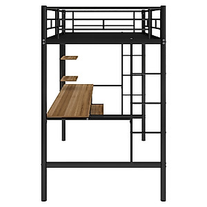Metal Loft Bed Studio Loft Bunk Bed Over Desk and Bookcase with 2 Ladders and Keyboard Tray,Twin Loft Bed for Dorm, Boys & Girls Teens Kids, Black