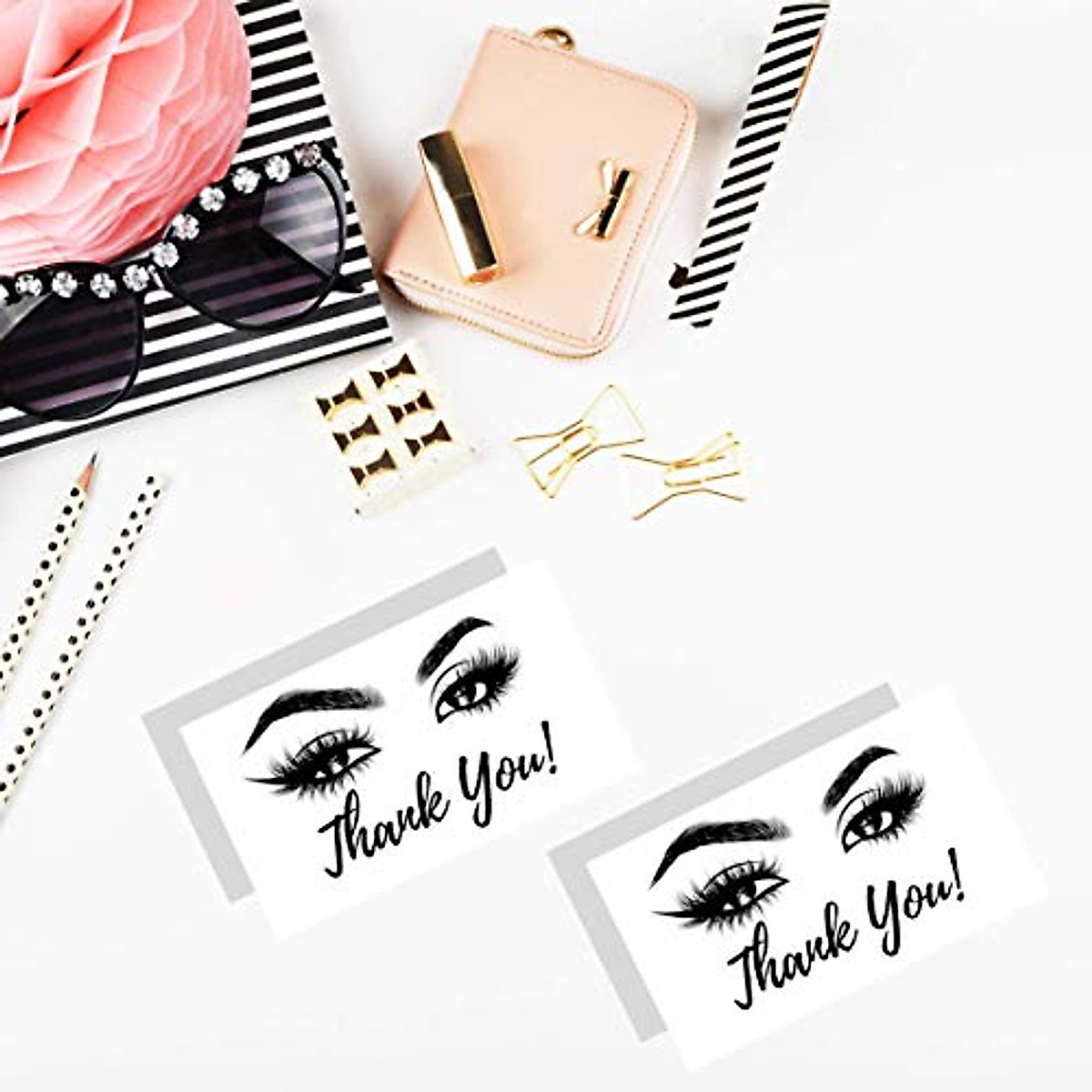 Thank You Cards | Package of 50 | Design Single Sided Size 3.5 x 2" inches False Eyelashes and Microbladed Eyebrows