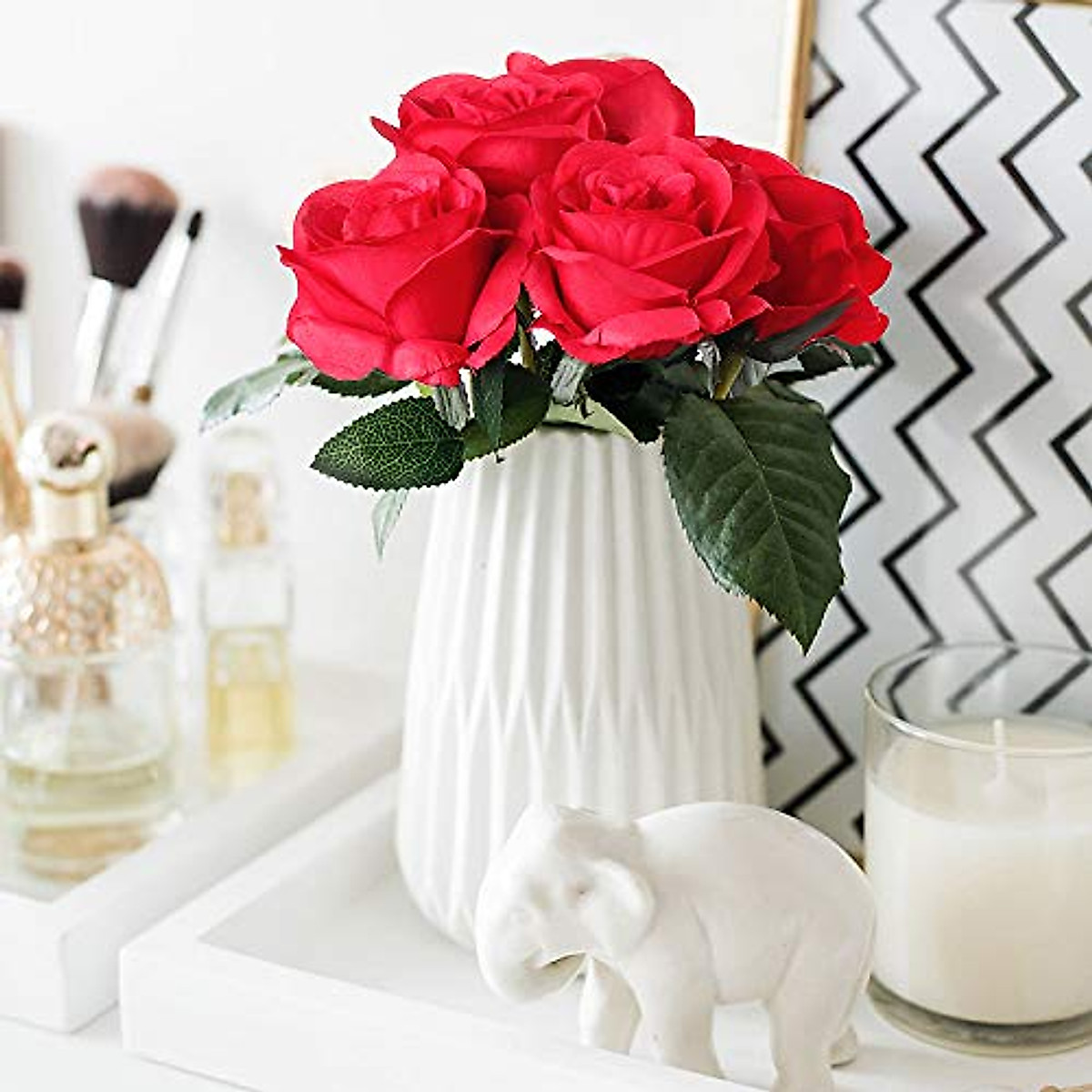 Mocoosy 12 PCS Red Rose Artificial Silk Flowers, Fake Roses with Long Stems Realistic Faux Rose Flower Bouquets for Wedding Decorations Bridal Shower Centerpieces Arrangement Party Home Table Decor