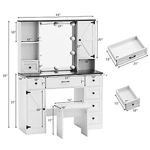 VOWNER Vanity with Lighted Mirror - Farmhouse Makeup Vanity Desk with 7 Drawers, 2 Cabinets and Outlet, 3 Color Lighting Modes Adjustable Brightness, Vanity Table with Stool for Bedroom, White & Black