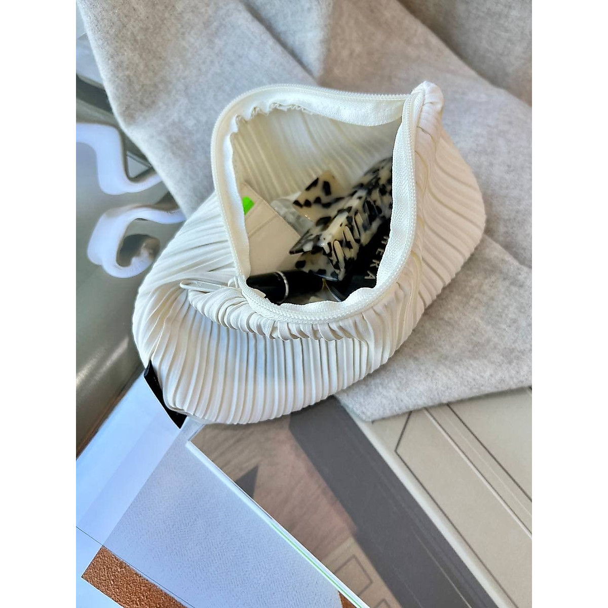 BLUEORB Each Bag Casual Washable Pleats Women's Versatile 100% Recycled Polyester Daily Shoulder Bag Tote Hobo Pouch Set (Butter Cream)