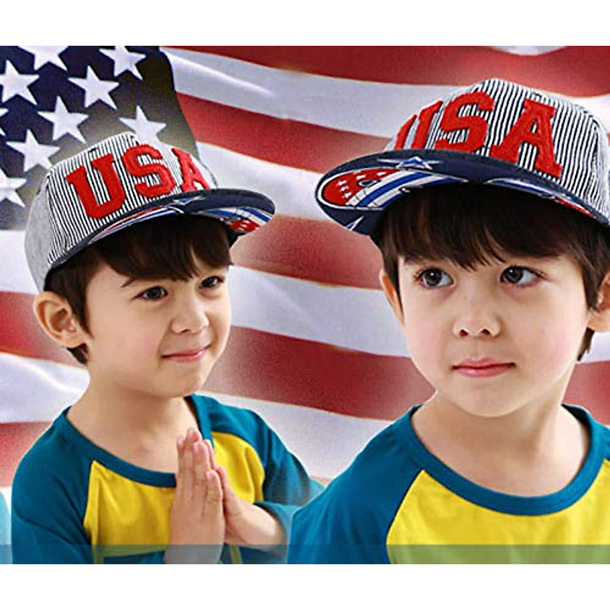 Toddler-Striped-Baseball-Hat American-Flag Snapback Hat Boys Cotton Sun Hat (Blue, 2-6Years)