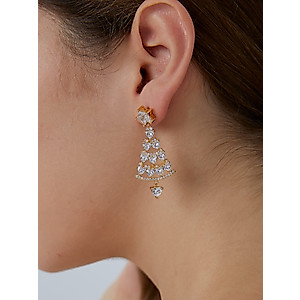 PICKBEAU Tassel Crystal Christmas Tree Hoops for Women 925 Silver Post Rhinestone Xmas Drop Earrings for Christmas Party Favors