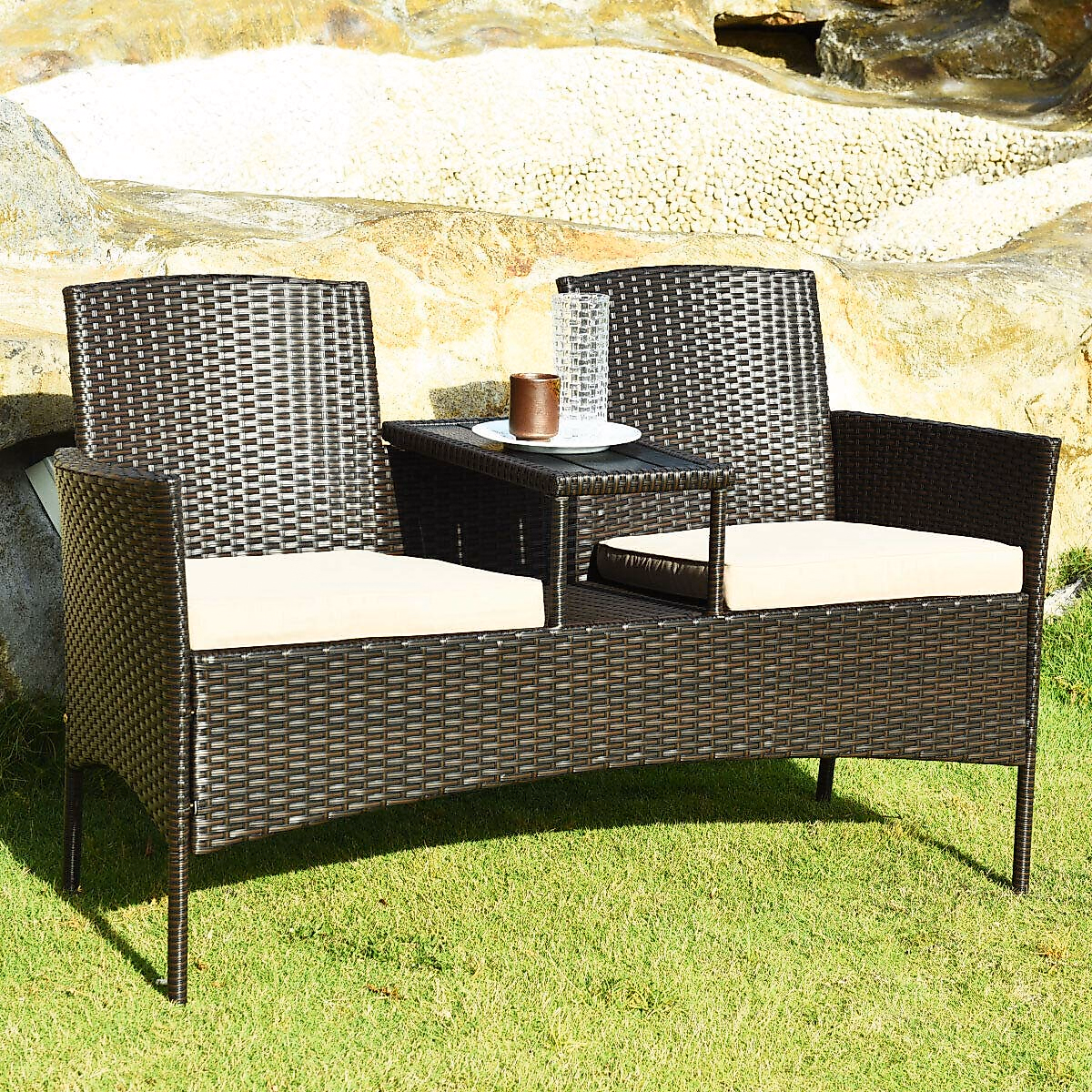 RELAX4LIFE Conversation Furniture Set with Table and Two Removable Cushions Rattan Wicker Chairs and Table Set for Patio,Garden, Baloney and Lawn Outdoor Porch Furniture Sets Loveseat(Brown+Beige)
