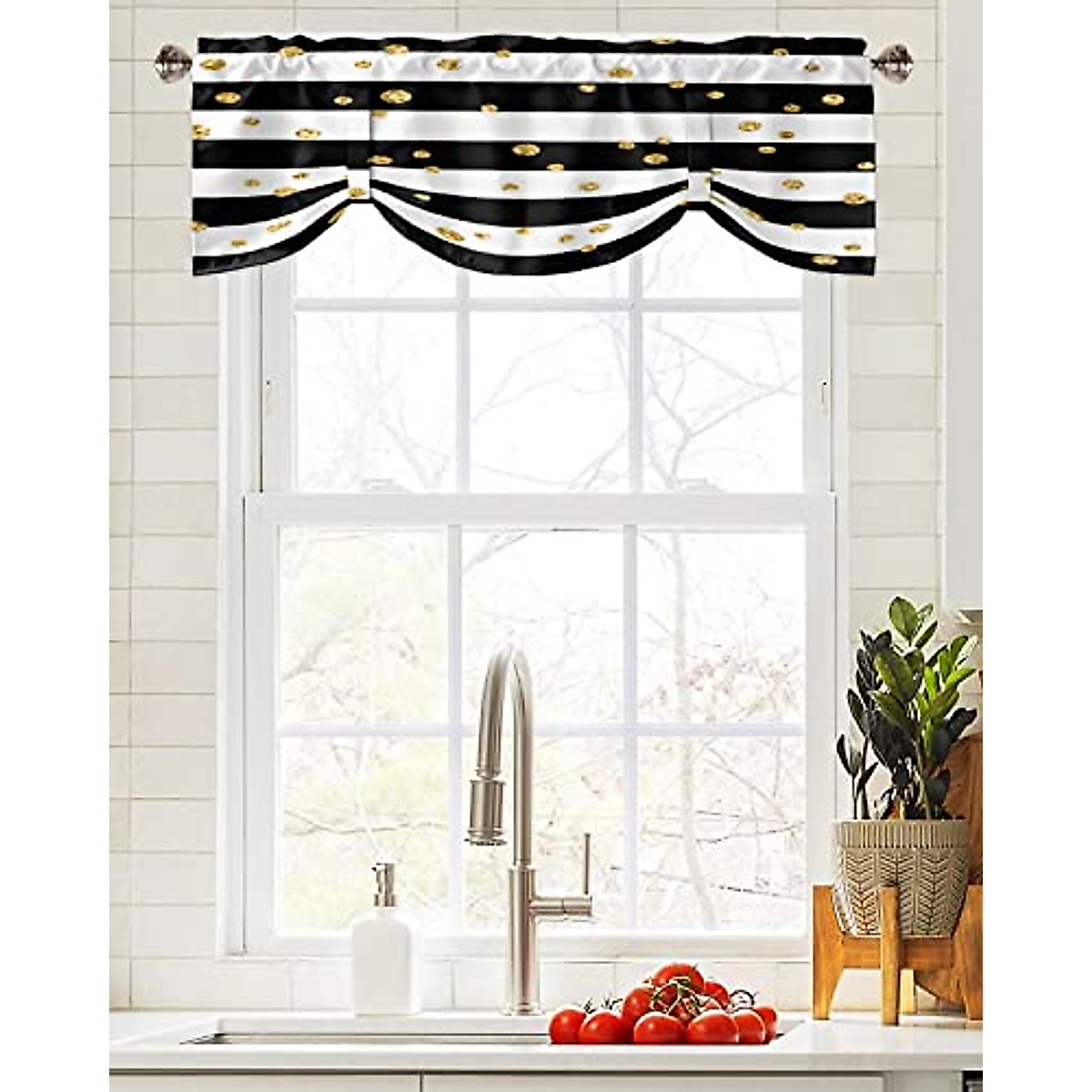 Livencher Tie-Up Valance Curtains for Window - Black and White Stripe Gold Polka Dot Kitchen Valance - Light Filtering Valance Curtains Short Curtains with Adjustable Tie 42"x12"