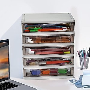 DEAYOU 5 Drawer Desktop Storage Bin Unit, Small Plastic Organizer, White Frame with Clear Drawer, Mini Container Case for Desk, Storing Craft, Accessory, Stationery