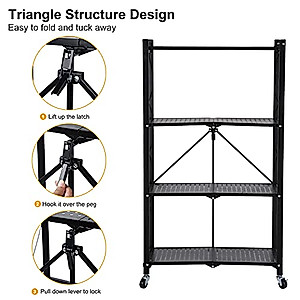 Simple Deluxe 4-Tier Heavy Duty Foldable Metal Rack Storage Shelving Unit with Wheels Moving Easily Organizer Shelves Great for Garage Kitchen Holds up to 1000 lbs Capacity, Black, 1-Pack
