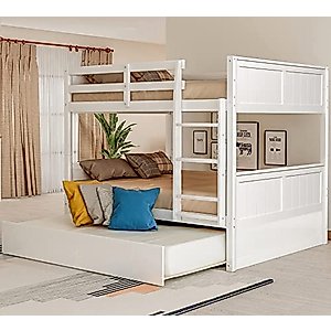 AOCOROE Full Over Full Bunk Beds with Trundle, 3 Beds Full Bunk Bed for Kids,Sturdy Wood Stackable Full Over Bunk Bed Frame for Kids Room,White