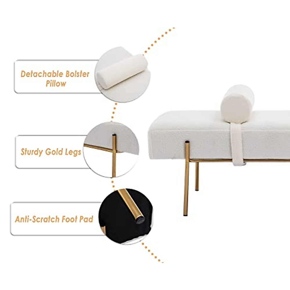 Guyou 55" White End of Bed Bench, Modern Faux Fur Upholstered Ottoman Bench Seat with Gold Legs, Fuzzy Long Bench for Bedroom Living Room Foyer Indoor Entryway (White)