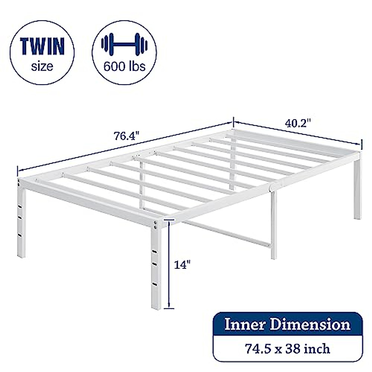 LUSIMO 14 Inch Twin Bed Frame with Storage Heavy Duty Tall Metal Platform Bed Frame with Steel Slats No Box Spring Needed Noise Free Anti Slip White