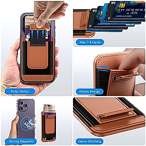 Alfuvcona Magnetic Card Wallet Holder for MagSafe Card Wallet with Strap Leather Wallet for iPhone 15/14/ 13/12 Series Phone Wallet Compatible with Apple Magsafe - Hold 7-8 Cards, Brown