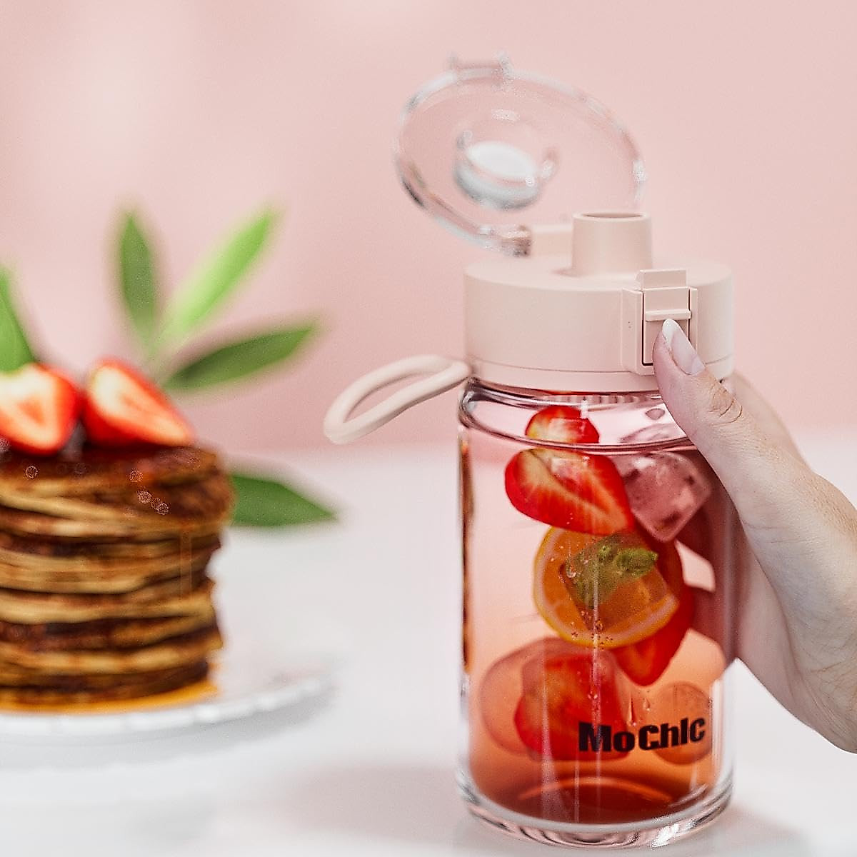 MOCHIC CUPWater Bottle 15oz Wide Mouth Water Bottle transparent Water Jug Leakproof Durable Removable Strainer for Fitness, Gym, Outdoor Sport (pink)