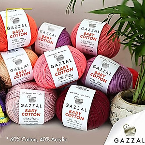 3 Pack (Skein) Gazzal Baby Cotton, 60% Cotton 40% Acrylic, Each Ball 1.76 Oz (50g) / 180 Yards (165m), DK- Worsted, Knitting Yarn, Amigurumi Yarn, Baby Yarn, 3432