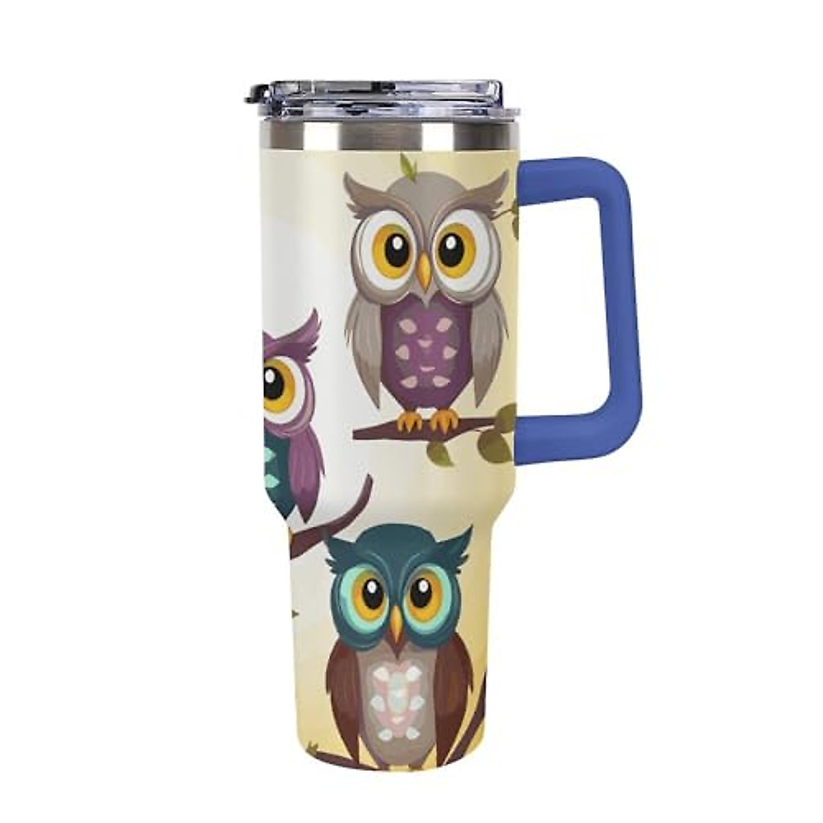LLUTSNTH 40 Oz Vacuum Tumbler with Deep Blue Handle Leakproof Insulated Tumbler Owls Birds Stainless Steel Travel Mug with Lid And Straw Coffee Cup Cute Water Bottles Cup Holder Friendly