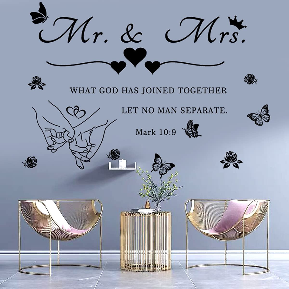 Mr. and Mrs. Wall Decals Wall Art Sticker Peel and Stick Wedding Sayings Art Lettering Stickers Hands with Hearts Romantic Wall Decor Wedding Anniversary Decor Bedroom Living Room Home Decor