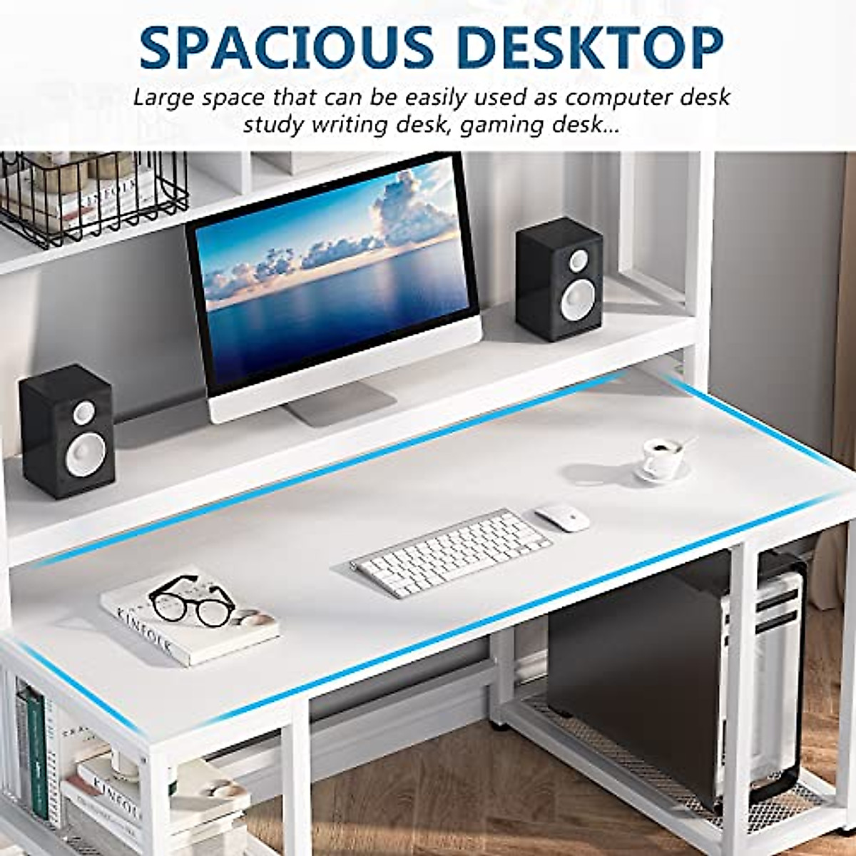 Tribesigns 55 Inches Computer Desk with Hutch and Monitor Stand Riser, Rustic Industrial Desk Computer Table Studying Writing Desk Workstation with Storage Shelves Bookshelf for Home Office (White)