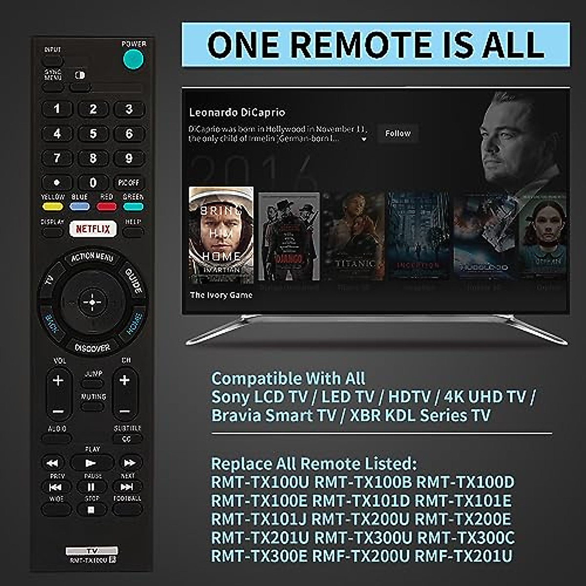 ENZODOTS® Newest Universal Remote Control RMT-TX100U for All Sony LCD LED 2K 4K UHD and Bravia Smart TVs with Netflix & Home Buttons