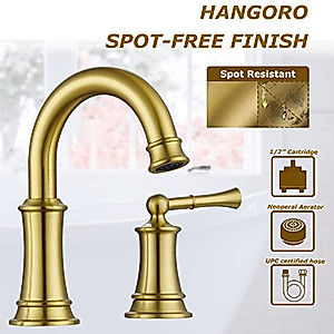 Hangoro Widespread Bathroom Faucet, Brush Gold 2-Handle Faucets for Bathroom Sink, Rough-in Valve & Pop Up Drain Included, Touch On Bathroom Faucets for Vanity, Lavatory, Bathroom(L2304-BG)
