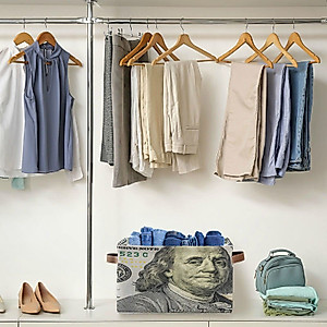 Large Foldable Storage Basket 100 Dollar Bill Printed Storage Bin Canvas Toys Box Fabric Decorative Collapsible Organizer Bag with Handles for Bedroom Home