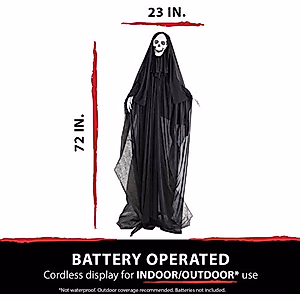 Haunted Hill Farm Life-Size Animatronic Reaper, Indoor/Outdoor Halloween Decoration, Light-up Red Eyes, Poseable, Battery-Operated