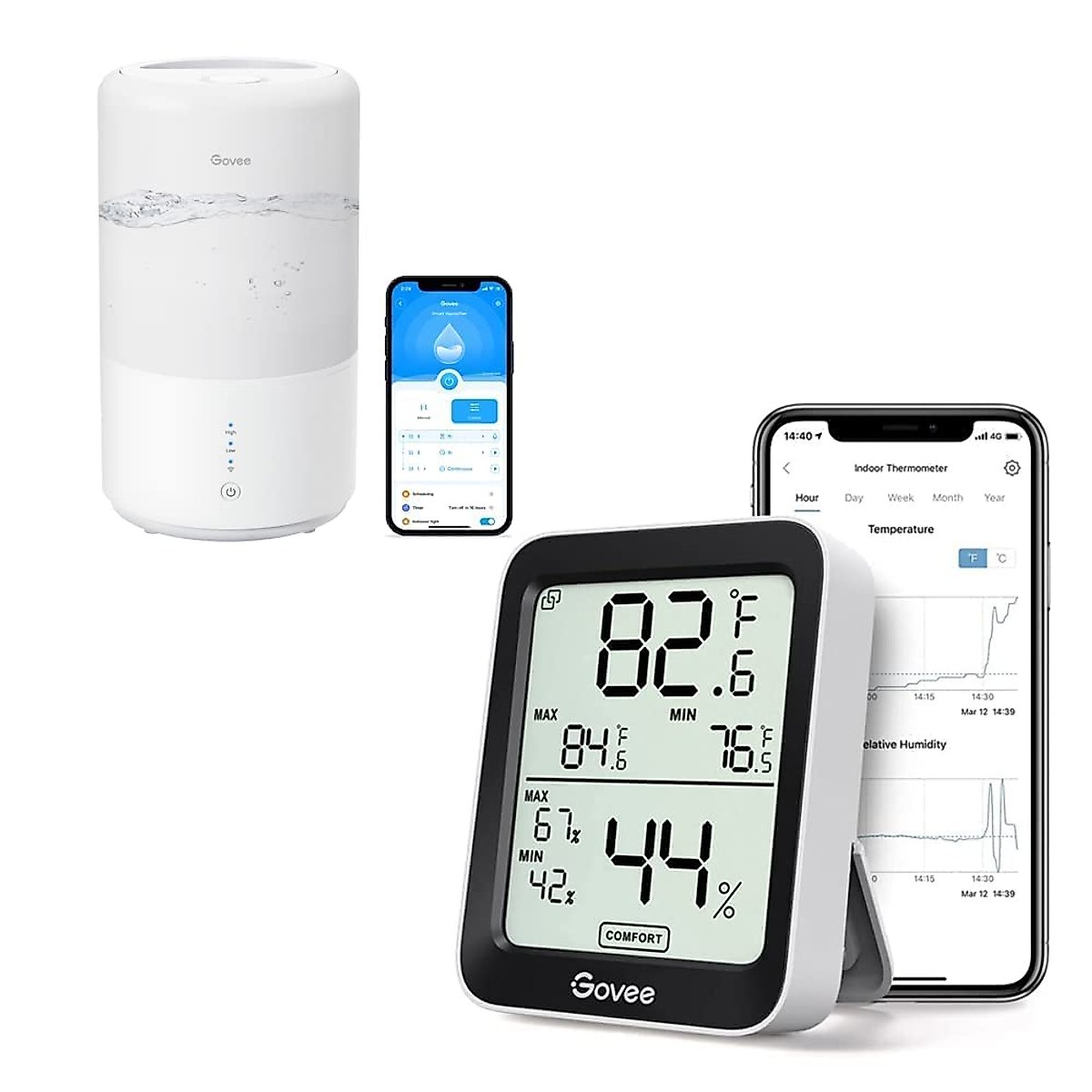 Govee Smart Humidifier H7141 Bundle with Govee Bluetooth Digital Hygrometer Indoor Thermometer, Room Humidity and Temperature Sensor Gauge with Remote App Monitoring, Large LCD Display