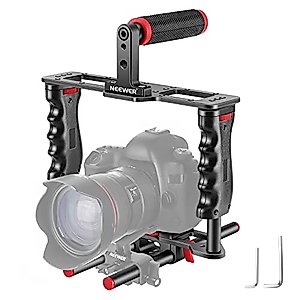 NEEWER Camera Video Cage Film Movie Making Kit, Aluminum Alloy with Top Handle, Dual Hand Grip, Two 15mm Rods, Compatible with Canon Sony Fujifilm Nikon DSLR Camera and Camcorder (Black + Red)