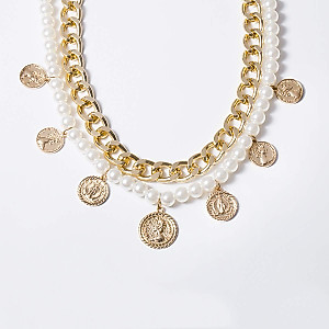 Wiwpar Pearl Metal Waist Chain Coin Pendant Beach Body Chains Fashion Waist Body Accessory for Women (Gold)