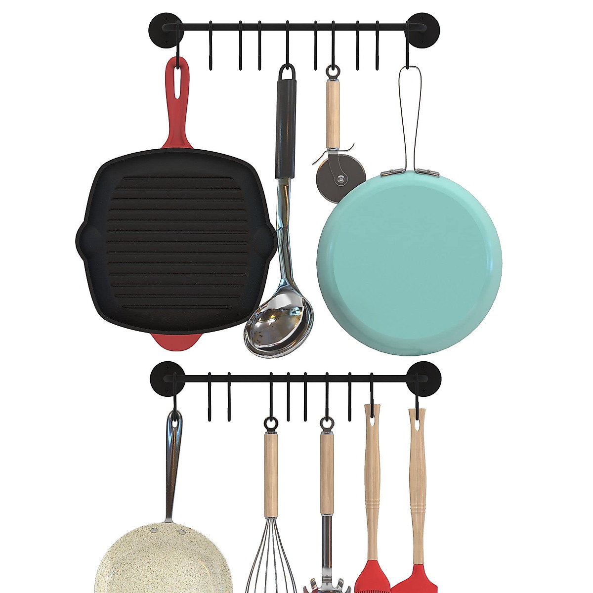 Wallniture Cucina 16" Wall Mount Kitchen Utensil Holder with 10 S Hooks for Hanging Pots and Pans and Lid Organizer, Set of 2, Black