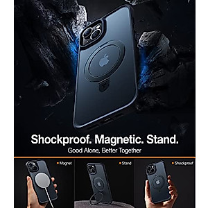 TORRAS Magnetic Shockproof for iPhone 13 Case/iPhone 14 Case, [Exceed 3X Mil-Grade Drop Protection][Compatible with MagSafe] Built-in Foldable Stand Slim Yet Protective Phone Cover, Translucent Black