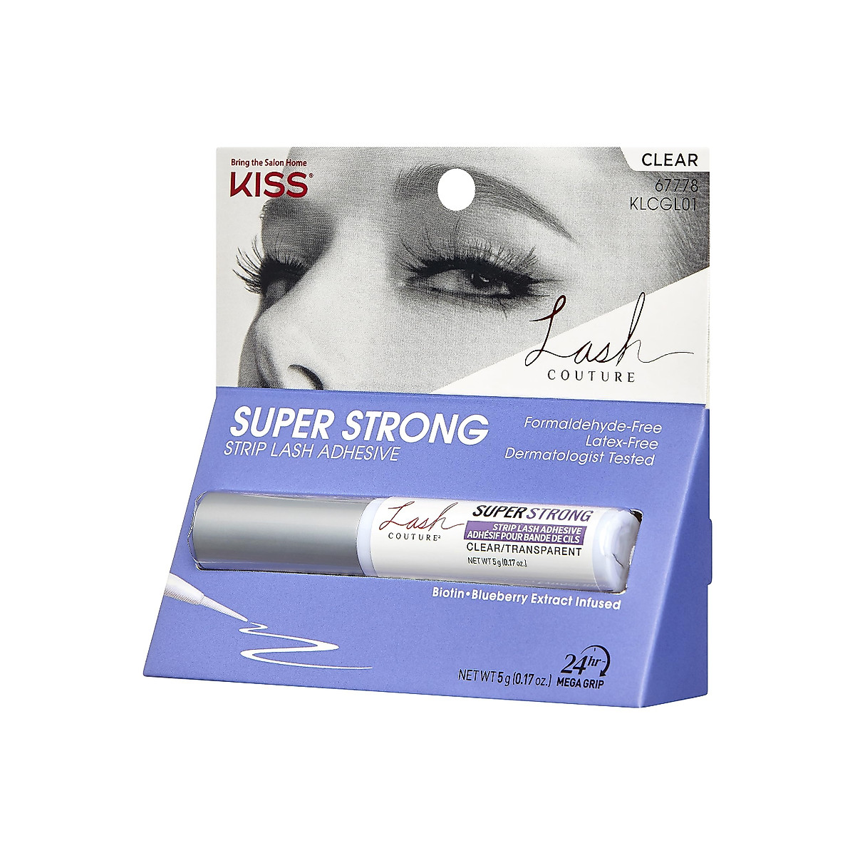 KISS Lash Couture Clear Strip Lash Adhesive with Biotin & Blueberry Extract, Latex-Free, Dermatologist Tested, Contact Lens Friendly, Strong Hold, Gentle Formula, with Brush Tip Applicator, 0.17 Oz.