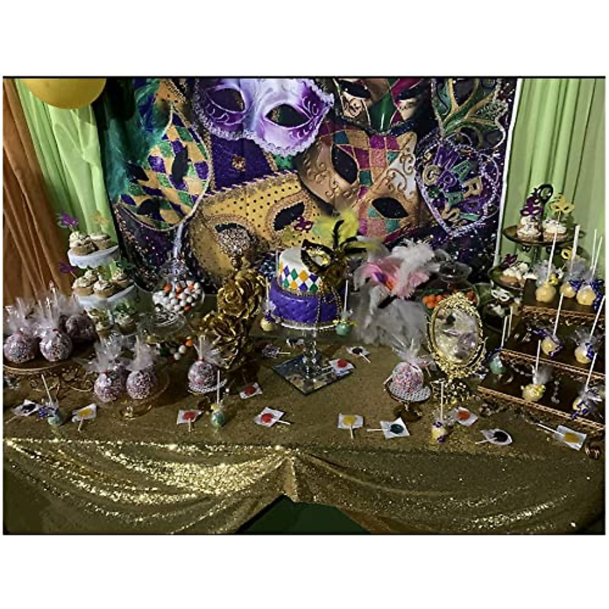 Masquerade Backdrops Purple Gold Glitter Beads Mask Carnival Photography Backdrop Fiesta Mardi Gras Dance Photo Background Birthday Party Photo Booths Props Decorations Supplies Vinyl 8x6ft