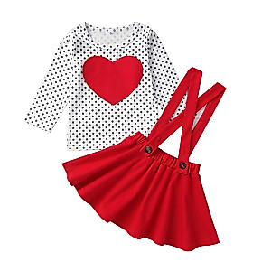YOUNGER TREE Toddler Baby Girl Valentine's Day Outfit Long Sleeve Dot Heart Shirt Top+Suspender Strap Red Skirts Set(6M-5T) (Red, 3-4 y)