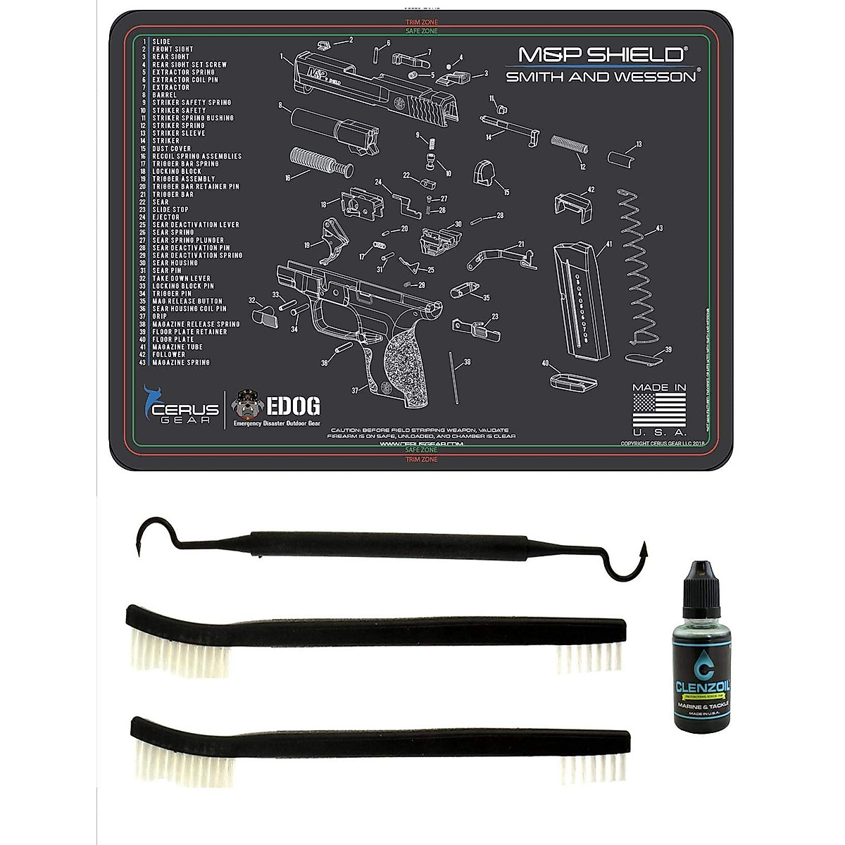EDOG USA Compatible for Smith & Wesso M&P Shield - 5 PC Schematic (Exploded View) Pistol Cleaning Padded Gun-Work Surface Protector Mat Solvent & Oil Resistant & 3 PC Cleaning Essentials & Clenzoil