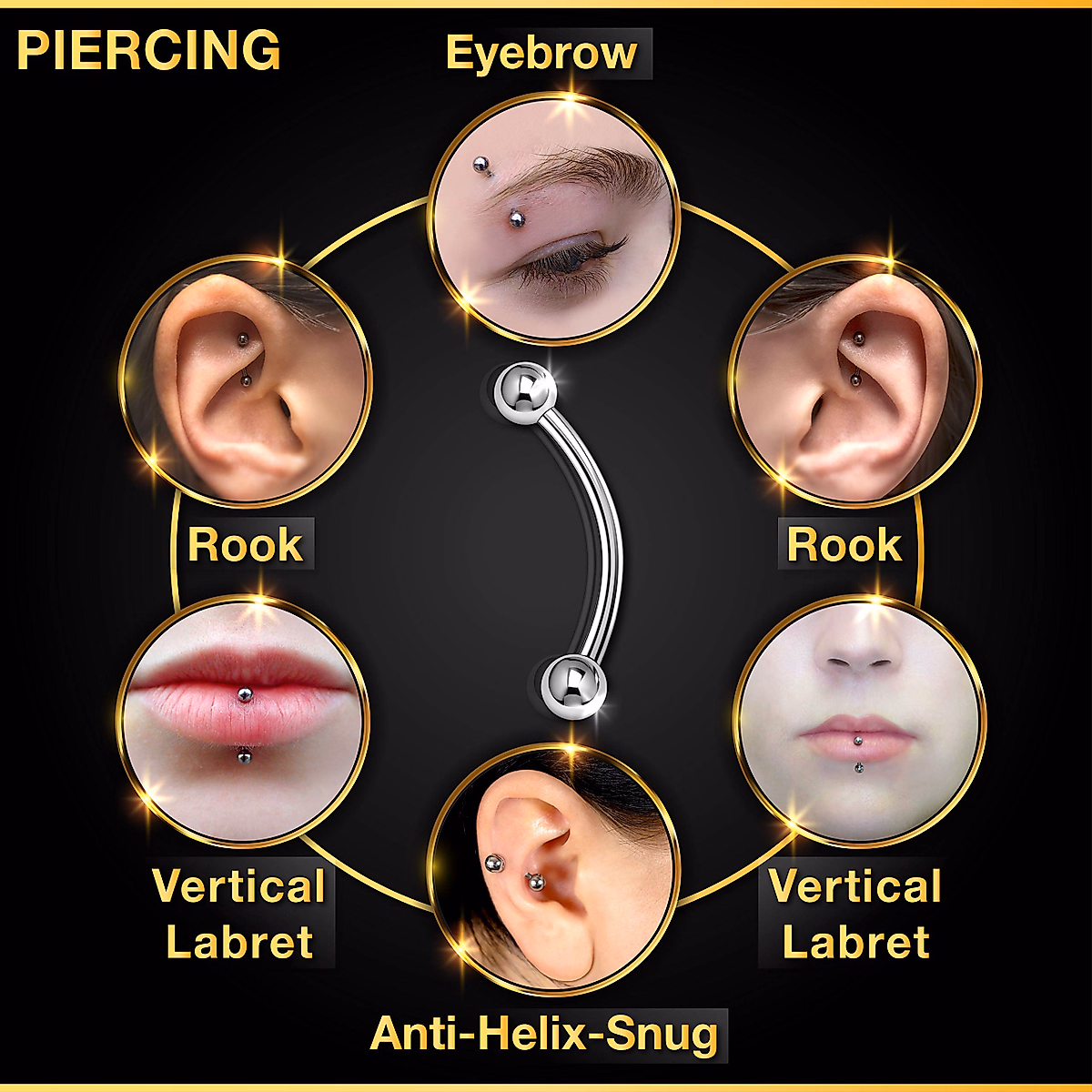 KJM Fashion 4PCS Surgical Steel Curve Barbell 16g 1.2mm 9mm 3mm Ball Tragus Daith Lip Eyebrow Earrings Rook Piercing Jewelry 7484