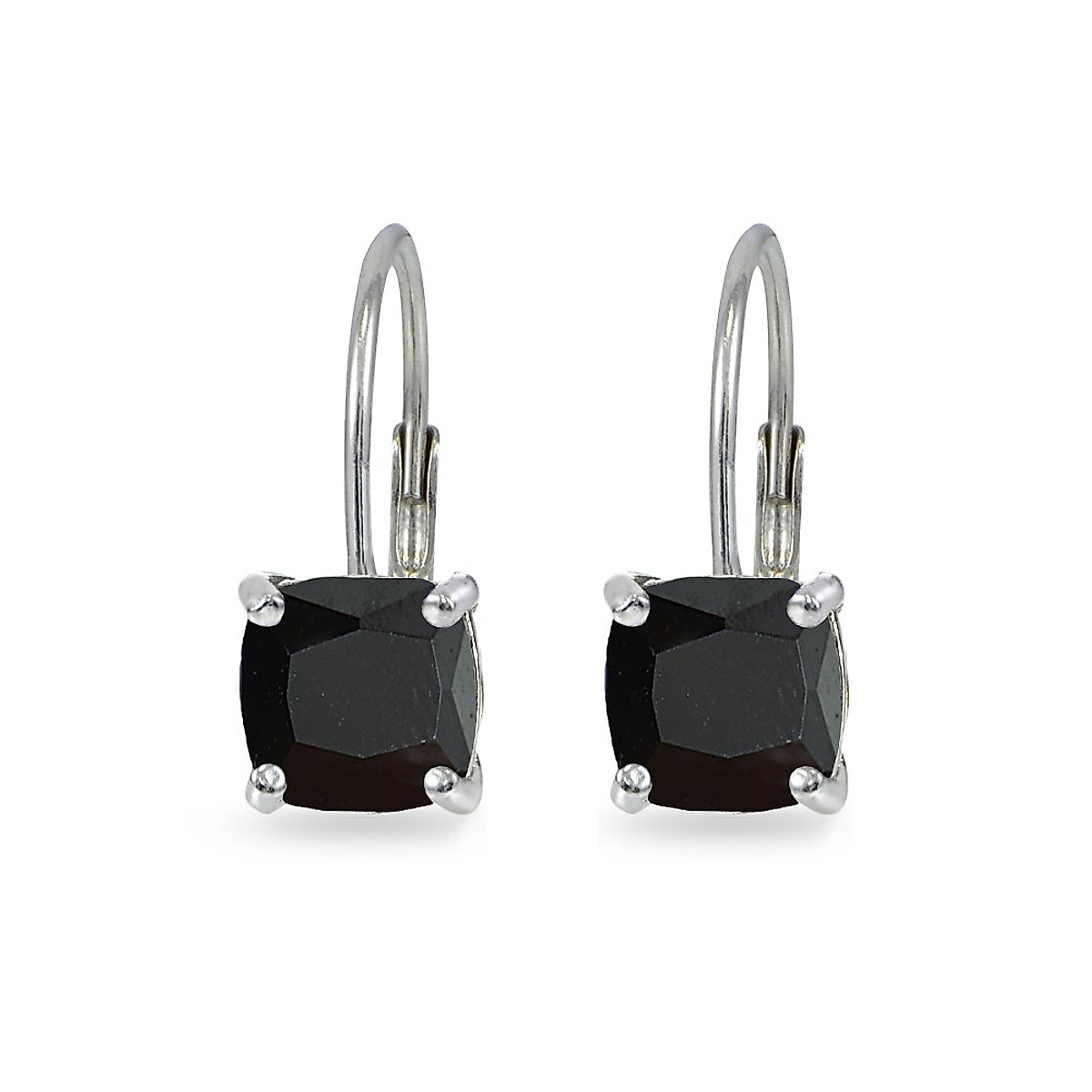 Sterling Silver Black Cubic Zirconia Cushion-cut 7x7mm Leverback Earrings