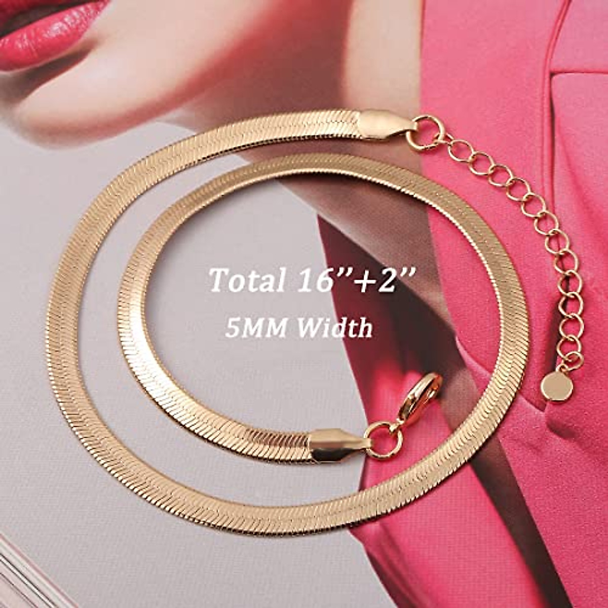 NUZON Gold Choker Necklaces for Women Girls 14K Gold Plated 5MM Snake Chain Necklace Thick Flat Herringbone Necklace Layering Jewelry Gift 16''