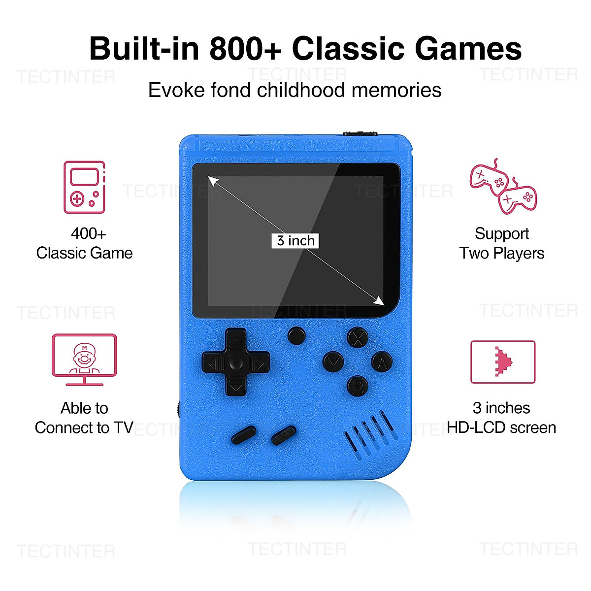 Handheld Game Console, Retro Game Console Mini Arcade Machines Built-in 800 Classical FC Games, Support Connecting TV & 2 Players, Ideal Gift for Kids & Lovers(Blue800 Games)