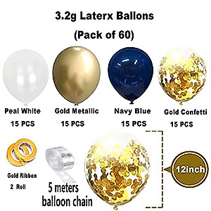 Navy Blue and Gold Confetti Balloons, 60 pcs 12 inch White Pearl and Gold Metallic Chrome Birthday Balloons for Wedding Baby Shower Party Decorations (Blue Set)