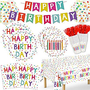 Birthday Party Decorations, 138Pcs Polka Dots Happy Birthday Party Supplies-Serves 24 with Birthday Plates and Napkins Birthday Banner Tablecloth for Boys Girls Birthday Party Decorations