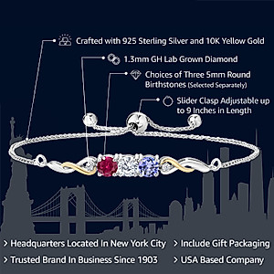 Gem Stone King 925 Sterling Silver and 10K Yellow Gold Customized and Personalized 3 Gemstone Birthstones and White Lab Grown Diamond Tennis Bracelet For Women Adjustable up to 9 Inches