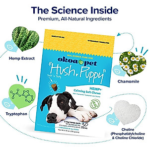 Okoa Pet "Hush Puppy Calming Dog Treats - Vet Formulated, Natural Peanut Butter Flavor Soft Chews - Anxiety Relief for Dogs with Hemp - Ideal for Separation, Travel, Fireworks - Made in USA (2 Pack)