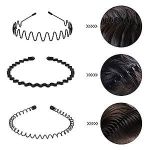fenshine 6PCS Metal Hair Bands, Spring Wavy Hoop Unisex Black Headband Slicked Back Non Slip Sports Hairband for Women Men…