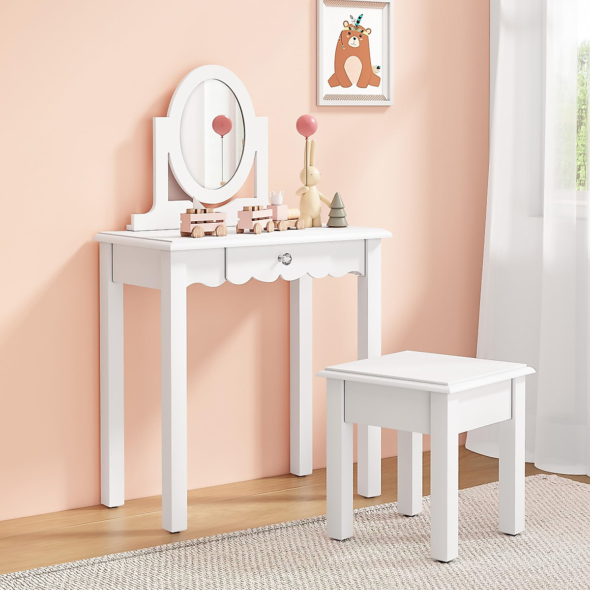 Kids Vanity - Little Girls Vanity Set with Mirror and Stool, Wooden 2 in 1 Toddler Vanity Makeup Desk Dressing Table with Detachable Top & Drawer, Princess Vanity Dresser Set for Little Girls, White