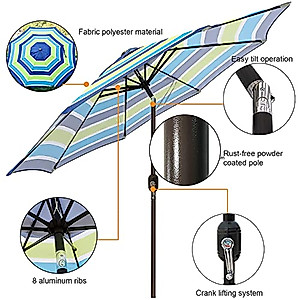 Blissun 9' Outdoor Aluminum Patio Umbrella, Striped Patio Umbrella, Market Striped Umbrella with Push Button Tilt and Crank (Blue and Green)