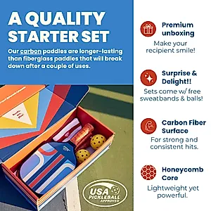 Nettie Pickleball Co - Pickleball Paddle Set of 2 | Double Pack | Lightweight Carbon Fiber Honeycomb Core | Includes 2 Pickleball Balls & 2 Sweatbands | Premium Material (Ashbury and Bainbridge)